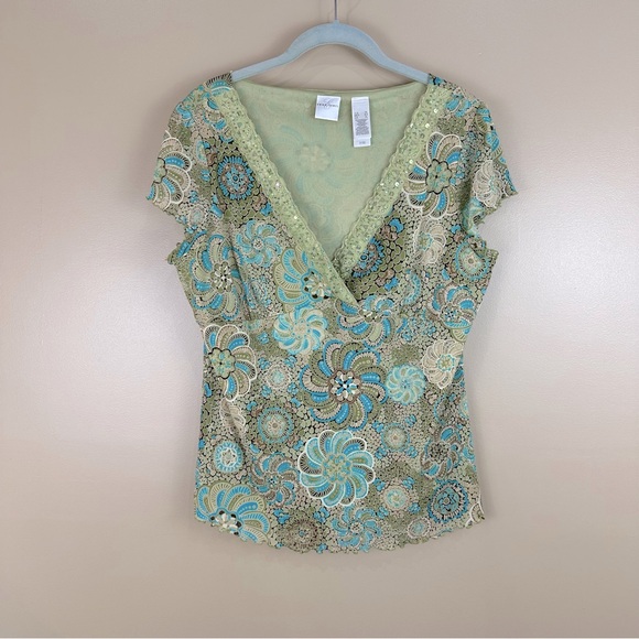 Emma James | Tops | Emma James Green Blue Retro Floral Print ...